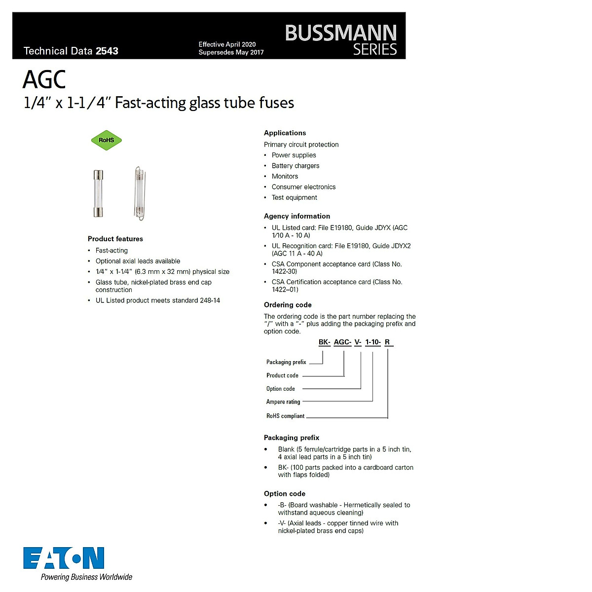 Bussmann AGC-10 AGC Series Fuse, Fast Acting, 10 Amp, 250V, Glass Tube, 1/4" x 1-1/4" (Pack of 5)