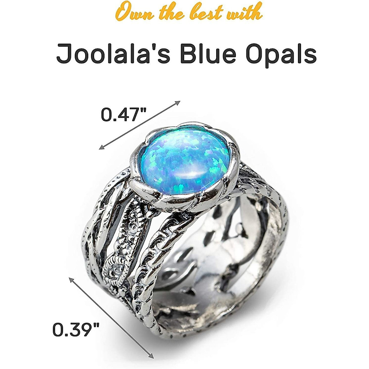 Joolala 1.60 Carat Created Round Blue Opal Cabuchon Cut 925 Sterling Silver Ring - Valentine Band for Her, Size - 8