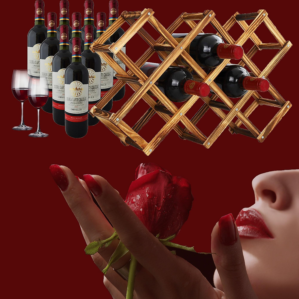 Draduo 10 Bottles Wood Storage Wine Rack, Freestanding Wine Rack, Foldable Standing Wine Bottle Stand Holder Display Shelf, or Kitchen, Home, Bar, Pantry