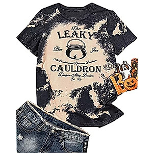 Halloween The Leaky Cauldron T-Shirt for Women Funny Halloween Graphic Bleached Tops Holiday Casual Fall Shirt Blouse Dark Grey