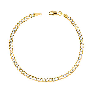 Nuragold 10k Yellow Gold Solid 4mm Cuban Chain Curb Link Diamond Cut Pave Two Tone Bracelet, Womens Mens Jewelry 7" 7.5" 8" 8.5" 9"