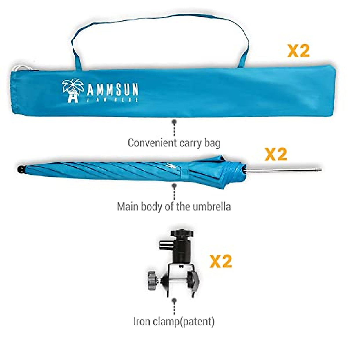 AMMSUN 2 PCS Chair Umbrella with Clamp 43 inches UPF 50+,Portable Clamp on Patio Chair,Beach Chair,Stroller,Sport chair,Wheelchair and Wagon,Bright Blue,2 Pack