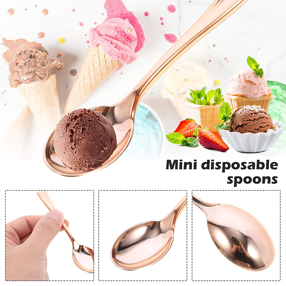Yardwe 24pcs Disposable Plastic Mini Spoons Disposable Dessert Spoons,Gold Plastic Tasting Spoons for Desserts, Sampling, Ice-cream or Appetizers(Rose Gold)