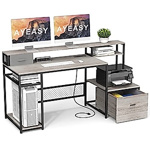 AYEASY Home Office Desk with Monitor Stand Shelf, 66 inch Large Computer Desk with Power Outlet and USB Charging Port, Computer Table with Drawers and Storage Shelves, Study Writing Desk, Wash Gray