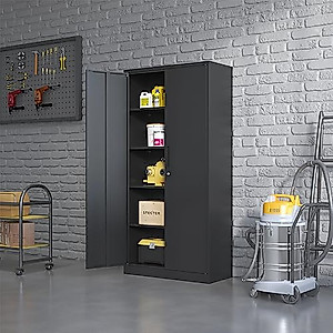 BIZOEIRON Metal Garage Storage Cabinets with Lock, 72" Black Storage Cabinet with Doors and Shelves, Heavy Duty Steel Tool Cabinets for Home Office, Warehouse, Gym, Classroom (Black)
