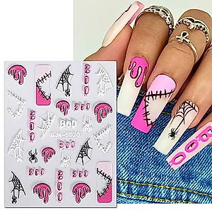 JMEOWIO 3D Embossed Halloween Nail Art Stickers Decals Self-Adhesive Pegatinas Uñas Pink 5D Skull Cute Ghost Spider Web Spook Nail Supplies Nail Art Design Decoration Accessories 4 Sheets