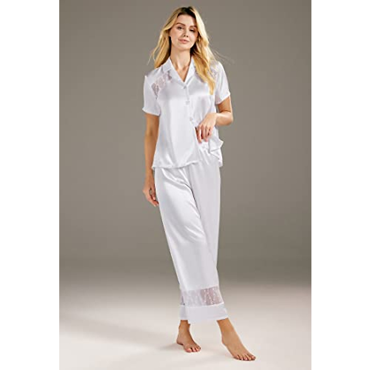 AW BRIDAL 2Pcs Comfy Womens Loungewear Set Pj Set- Short Top Long Pj Pants Silk Pajamas For Women, Satin Pajamas Women, White, L| Bridal Party Pajamas Bride Gifts Bridesmaid Gifts For Wedding Day