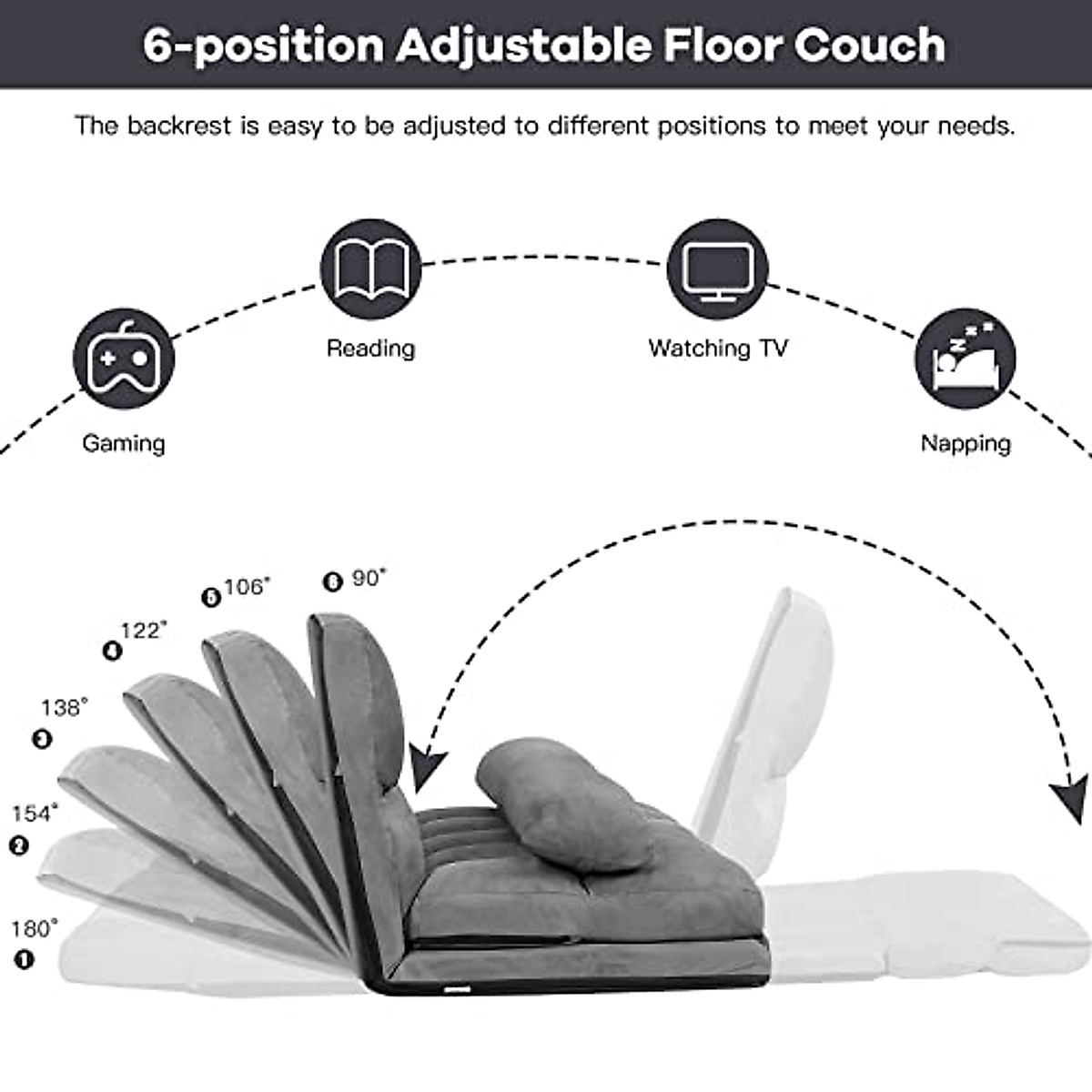 TUOCHUFUN Fluffy Lazy Sofa, 6-Position Foldable Adjustable Floor Sofa Bed with 2 Lumbar Pillows, Detachable Cloth Cover (Gray)