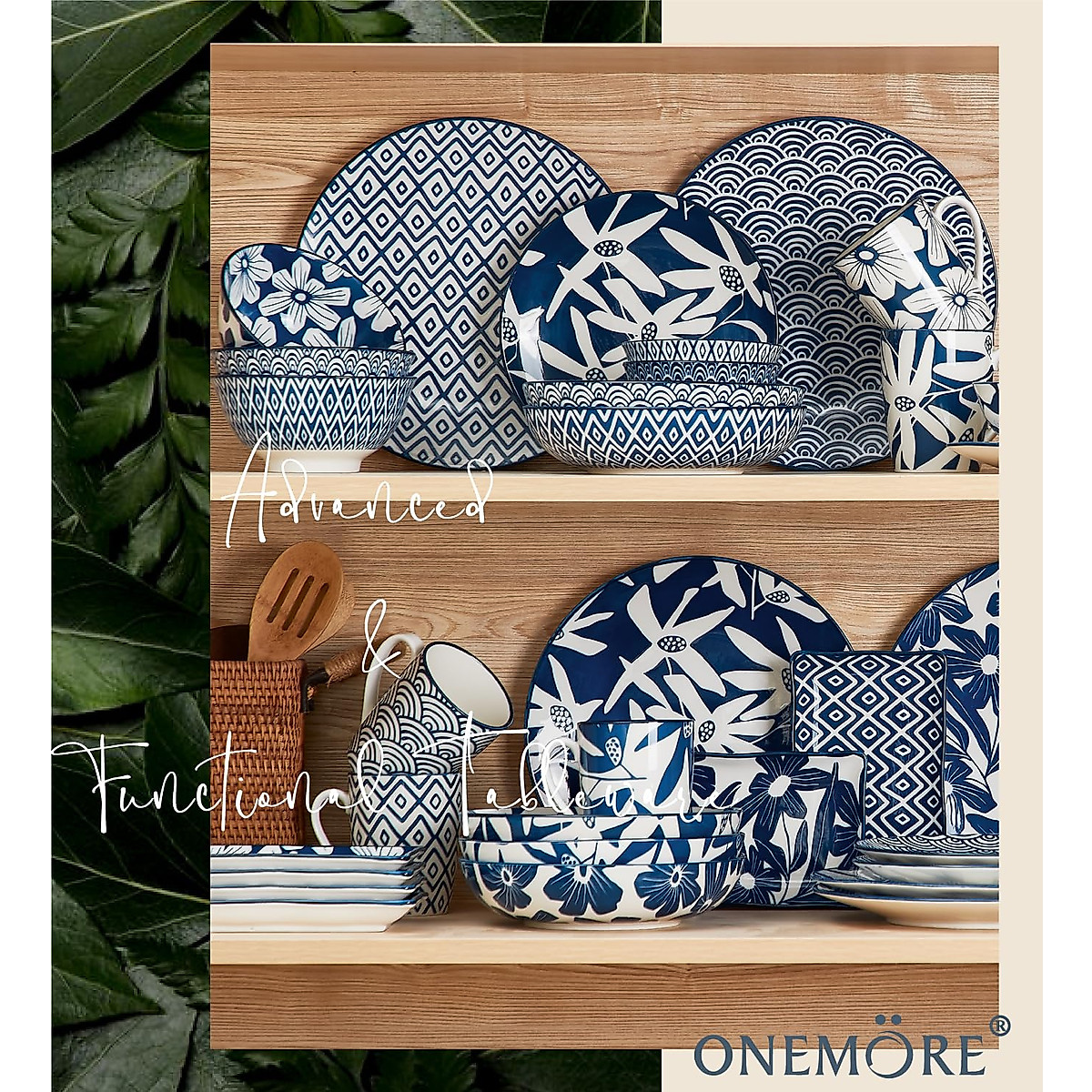 ONEMORE Ceramic Coffee Mugs Set of 6, 12oz - Microwavable Coffee Cups for Tea, Latte - Japanese Style, Scratch Resistant - Vintage Blue