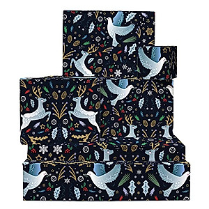 CENTRAL 23 Christmas Wrapping Paper - Eco-friendly - 6 Sheets Blue Gift Wrap - Deer Doves - Christmas Elements - Comes With Stickers - Made In UK