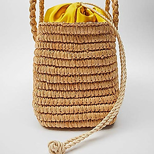 QTKJ Fashion Women Summer Straw Bag with Drawstring, Hand-woven Beach Handbag Top Straw Handle Boho Tote Bag Shopping and Travel Large Bag