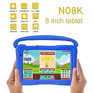 CONSUNG 8 inch Kids Tablet with Android 12, Quad-core Faster Speed Processor, 3GB RAM+32GB ROM, 1280x800 IPS Screen, 2+5MP Dual Camera, WiFi & Bluetooth,4000mAh Battery, GMS Certified (Dark Blue)