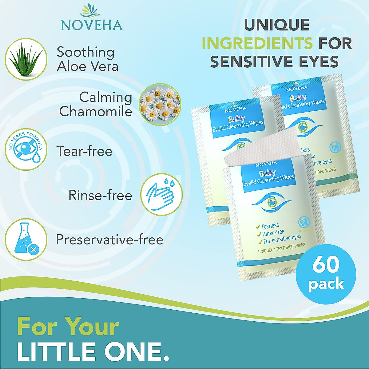 NOVEHA Baby Eyelid & Lash Wipes | Safe & Natural Pack of 60 Pre-moistened Wipes