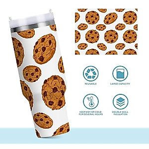 ARGTILDN 40 oz Tumbler Chocolate Chip Cookies Insulated Travel Mug with Handle and Straw Lid Stainless Steel Vacuum Coffee Cup Tea Beverage Container Water Bottles for Car Sports office
