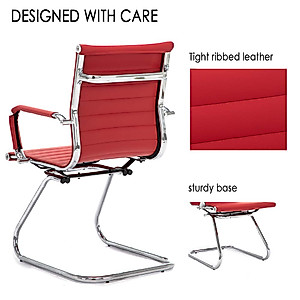 DM Furniture No Wheels Reception Chairs Guest Chair Leather Conference Chairs Back Support Heavy Duty Office Chair, Set of 2 (Deep Red)
