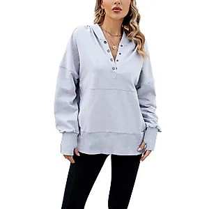 YMYDYFC Women Casual Oversized Hoodies Button Down Shirt V Neck Henley Sweatshirt Pullover Hooded Tops with Pockets Light Gray Small