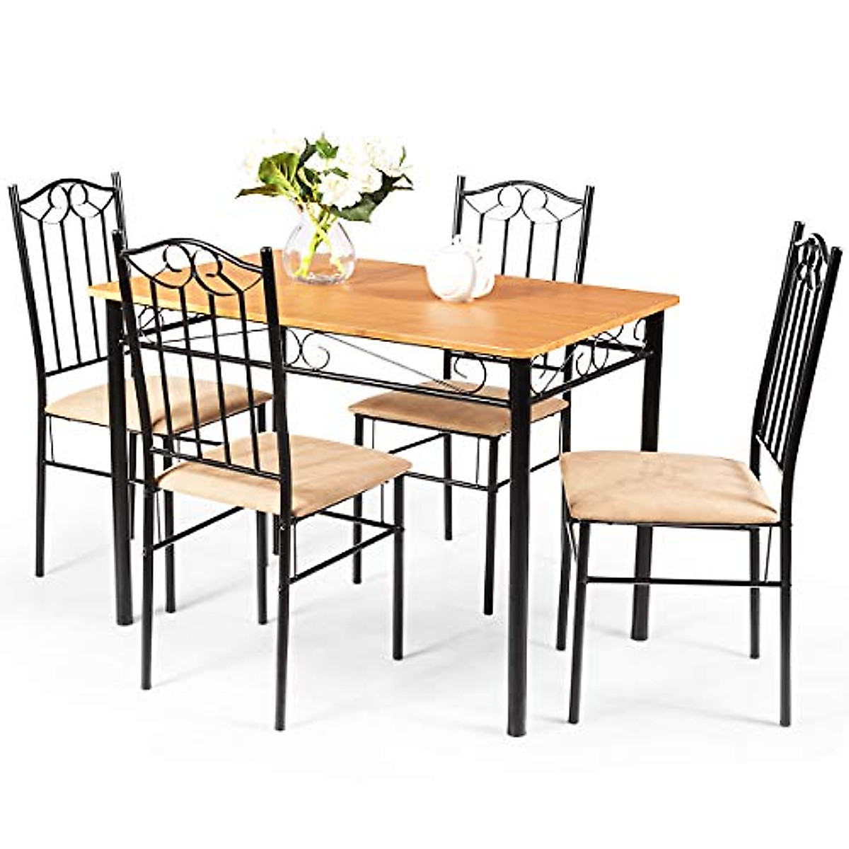 Tangkula 5 Piece Dining Table Set, Vintage Wood Top Padded Seat Dining Table and Chairs Set, Home Kitchen Dining Room Furniture