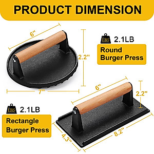AIVIKI Burger Press, Smash Burger Press for Blackstone Griddle, Heavy Duty Cast Iron Round 6.9In & Rectangular 8.2x4.2In Bacon Grill Press with Wood Handle, Meat Steak Weight for Sandwich, Paninis