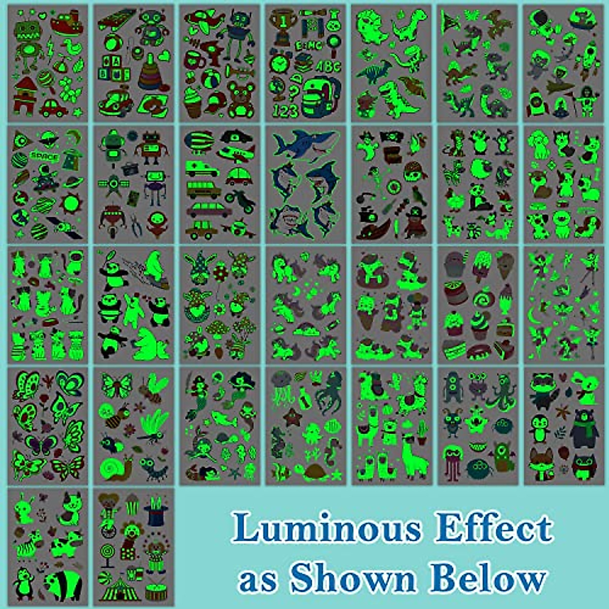 Partywind 380 Styles (30 Sheets) Luminous Tattoos for Kids, Mixed Styles Temporary Tattoos Stickers with Unicorn/Mermaid/Dinosaur/Outer Space/Pirate for Boys and Girls, Glow Party Supplies Gifts for Children