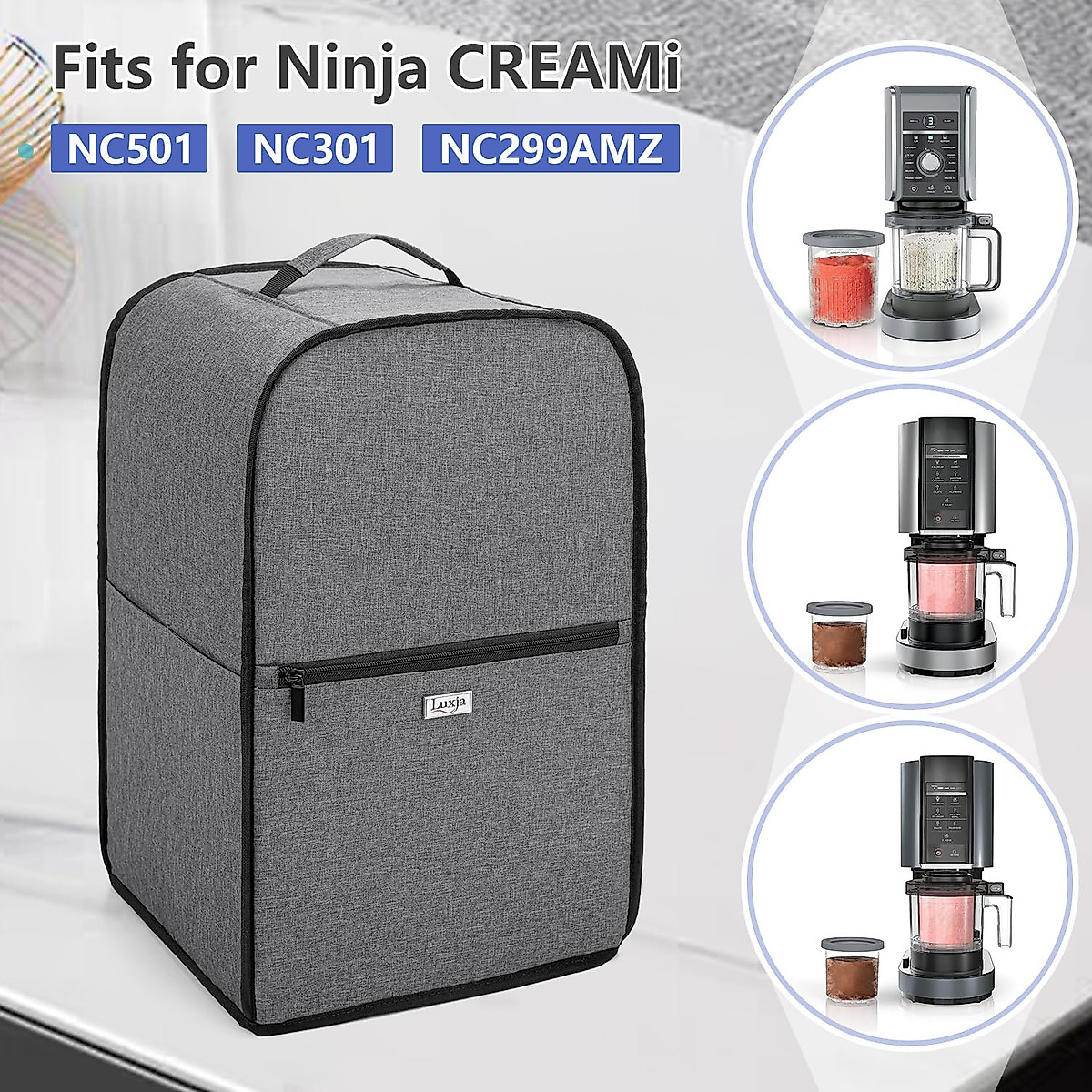 LUXJA Dust Cover Fits for Ninja CREAMi NC501, NC301, NC299AMZ, Ice Cream Maker Dust Cover Compatible for Ninja Ice Cream Maker Machine with Accessories Pockets, Gray