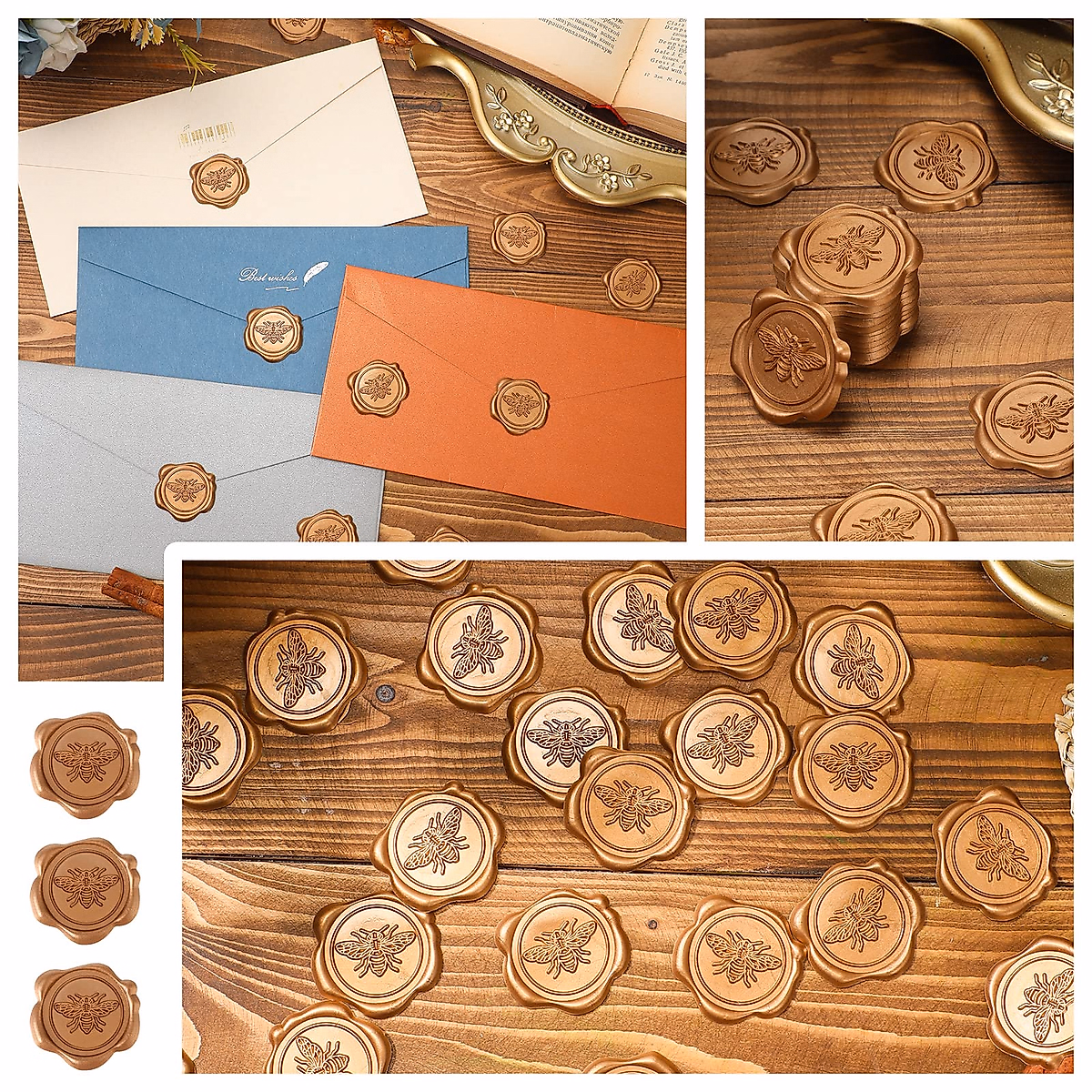 Roowest 100 Pcs Bee Adhesive Wax Seal Stickers Envelope Seal Stickers Vivid Bee Gold Stickers Vintage Wedding Invitation Stickers for Baby Shower Certificate Gift Birthday Christmas Party Supply