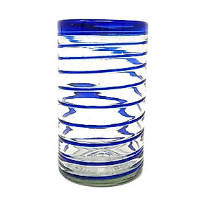 Hand Blown Mexican Drinking Glasses – Set of 6 Glasses with Cobalt Blue Spiral Design (14 oz each)