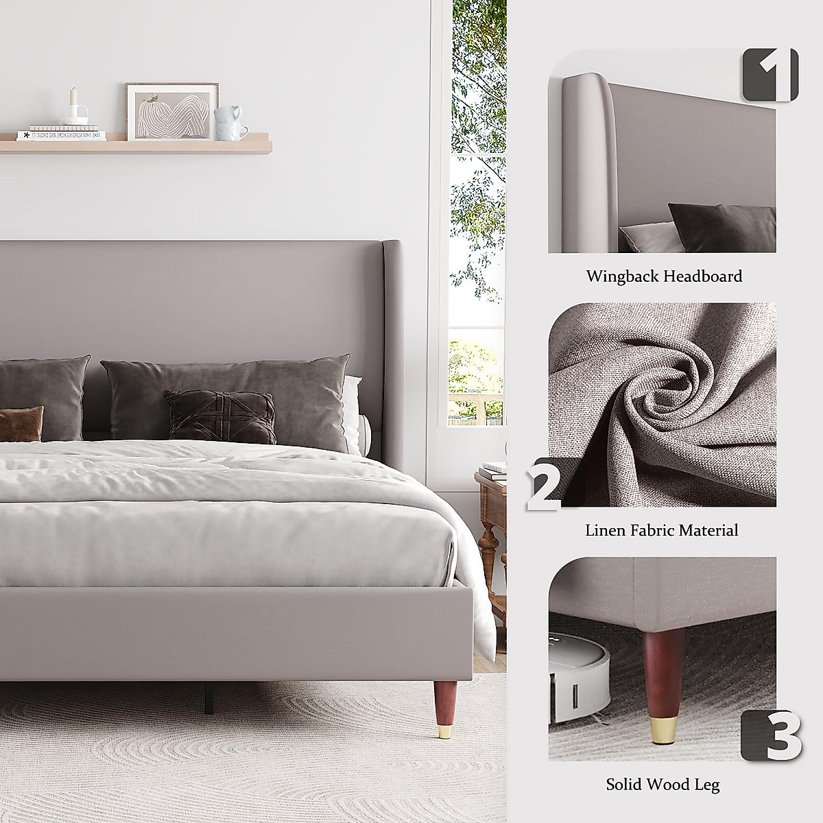 Jocisland Upholstered Bed Frame Queen Size Platform Bed with Wingback Headboard/No Box Spring Needed/Easy Assembly/Light Grey