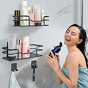 Shower Caddy Adhesive Basket Shelf Drill-Free Kitchen or Bathroom Organizer - Black Basket Shelves Hooks for Washroom Accessories Adhesive Stainless Steel Shampoo Holder, Kitchen Shelf Rack 2 Pck