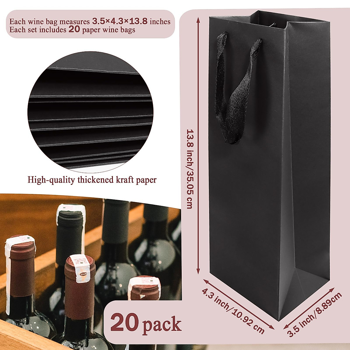 CZWESTC 20 Pack Kraft Paper Wine Bags with Handles Black Wine Bottle Bags BulkWine Gift Bags Shopping Bags Party Bags Retails Bags Whiskey Champagne Bottles Bags-3.5×4.3×13.8 in