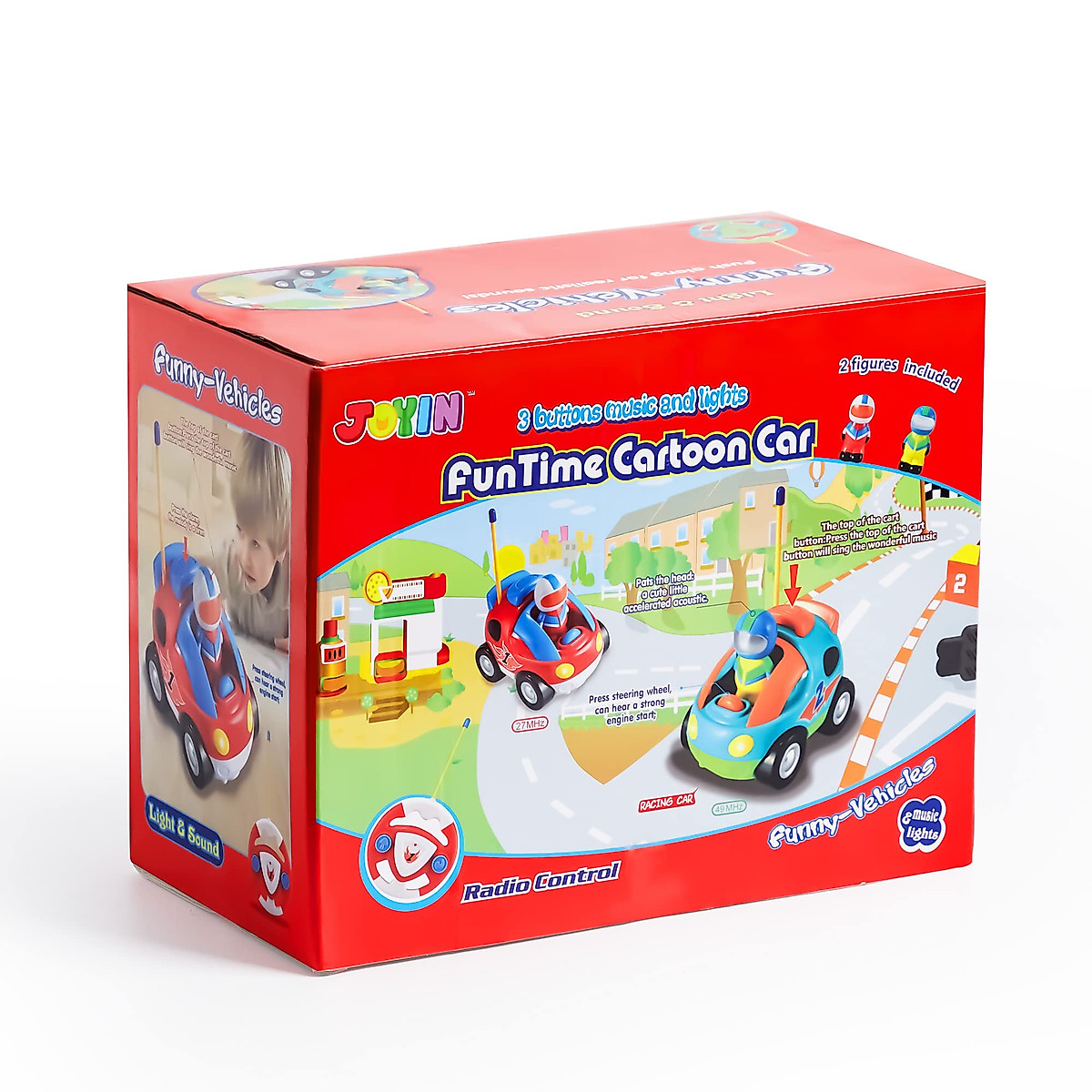 JOYIN 2 Pack Cartoon Remote Control Car, RC Cars with Music & Sound, Treasure Box and Prize for Classroom, Toy for Baby, Toddler, Easter Basket Stuffers and Christmas Birthday Gift for Kids