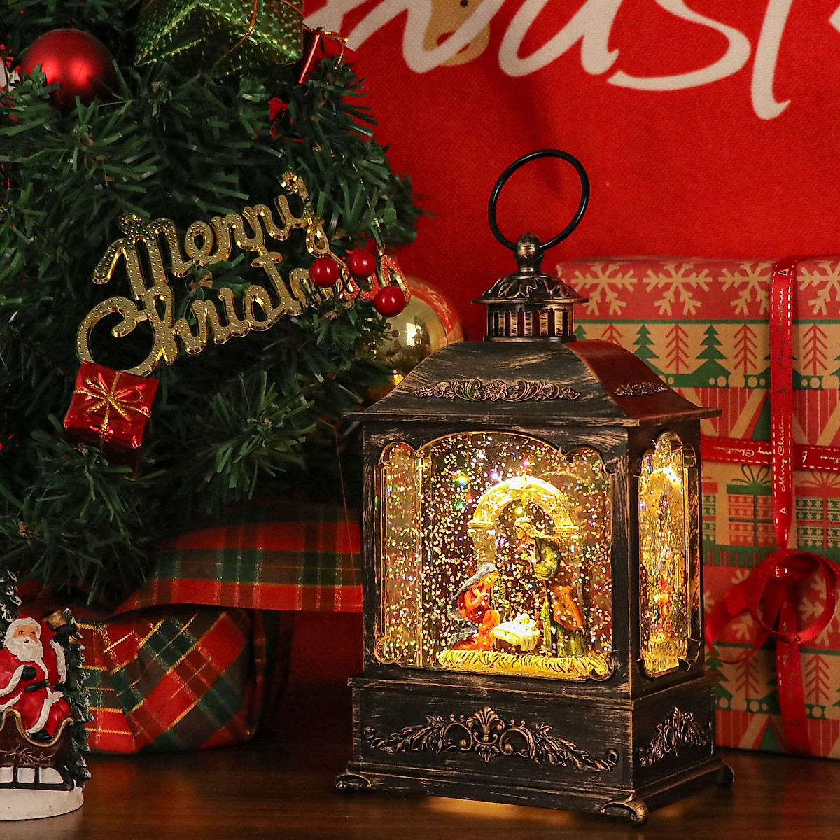 Wondise Christmas Muscal Snow Globe with Timer, USB Plug-in & Battery Operated Spinning Water Glitters Lighted Singing Snow Globe Lantern for Christmas Decorations