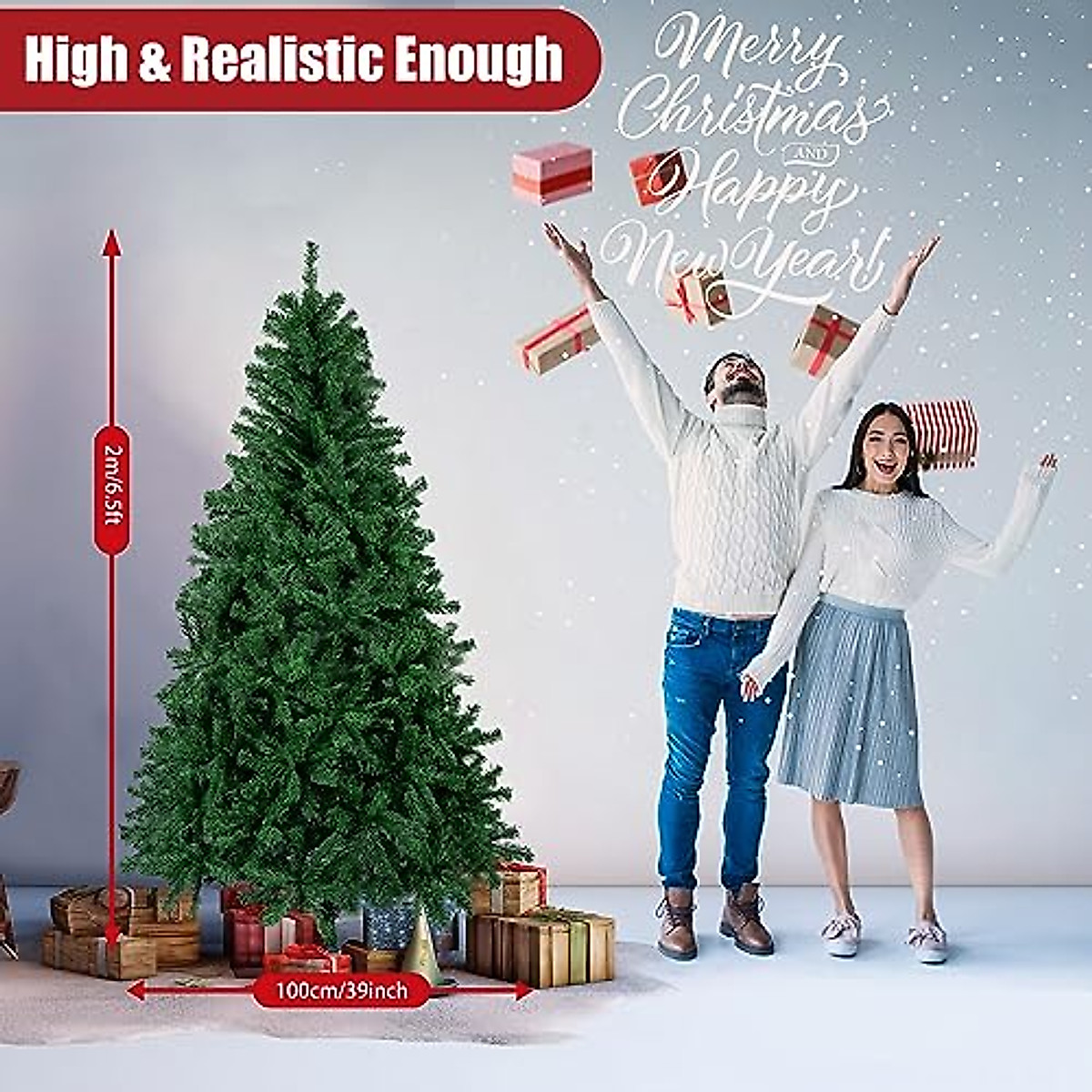 6.5FT Artificial Christmas Tree Xmas Holiday Pine Tree Christmas Tree Realistic Holiday Decoration with Metal Stand Hinges PVC Leaves Easy Assembly for Outdoor Indoor Party Green