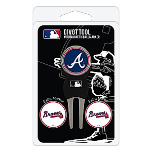 Team Golf MLB Atlanta Braves Divot Tool Pack With 3 Golf Ball Markers Divot Tool with 3 Golf Ball Markers Pack, Markers are Removable Magnetic Double-Sided Enamel