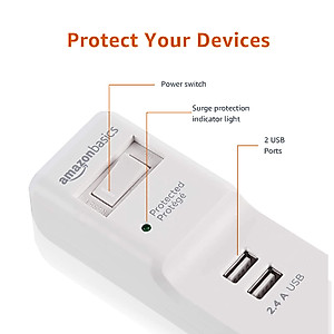 Amazon Basics Rectangular 6-Outlet Surge Protector Power Strip with 2 USB Ports - 1000 Joule, White, 6 ft