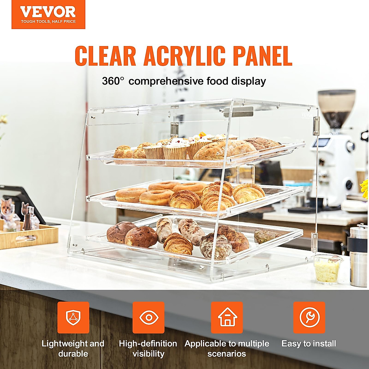 VEVOR Pastry Display Case, 3-Tier Commercial Countertop Bakery Display Case, Acrylic Display Box with Rear Door Access & Removable Shelves, Keep Fresh for Donut Bagels Cake Cookie, 20.7"x14.2"x16.3"