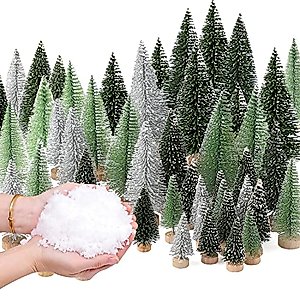30Pcs Mini Christmas Trees with 10.6 Ounces Fake Snow Decoration, 5 Sizes Artificial Christmas Tree Bottle Brush Trees Artificial Snow Fake Snow for Christmas Decoration Crafts Village Displays