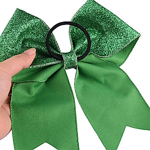 DEEKA 12 PCS 7" Large Glitter Cheer Bows Shiny Cheer Hair Bows Ponytail Holder Handmade for Cheerleader Girls Softball Sports -Green