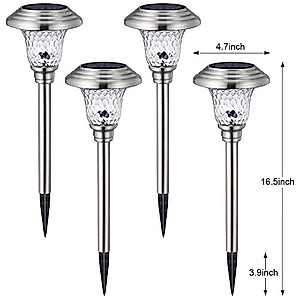 BEAU JARDIN 4 Pack Solar Lights Pathway Outdoor Waterproof Supper Bright Up to 12 Hrs Glass Stainless Steel Metal Auto On/Off Solar Powered Landscape LED Lighting for Garden Yard Walkway Stakes BG136