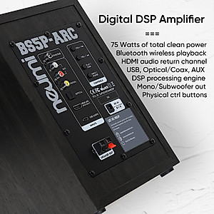 NEUMI BS5P-ARC 75-Watt Powered Bookshelf Speakers, Bluetooth, HDMI, USB, Optical, Coaxial, Remote Control, 5-Inch Woofer, 1-Inch Tweeter, Dark Wood, 1 Pair