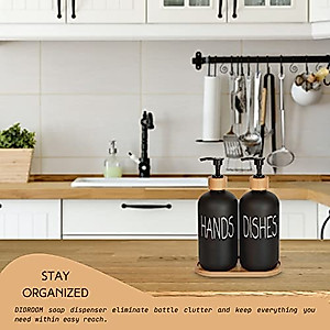 Glass Soap Dispenser Set. Hand Soap and Dish Soap Dispenser with Bamboo Tray. Vintage Soap Dispenser with Pump for Kitchen Sink and Bathroom. Stylish Permanent Label (Matte Black)