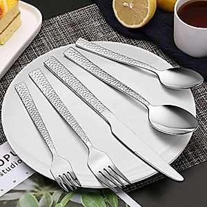 Hammered Silverware Set, E-far 40-Piece Stainless Steel Square Flatware Set for 8, Metal Tableware Cutlery Set Includes Dinner Knives/Forks/Spoons, Modern Design & Mirror Polished - Dishwasher Safe