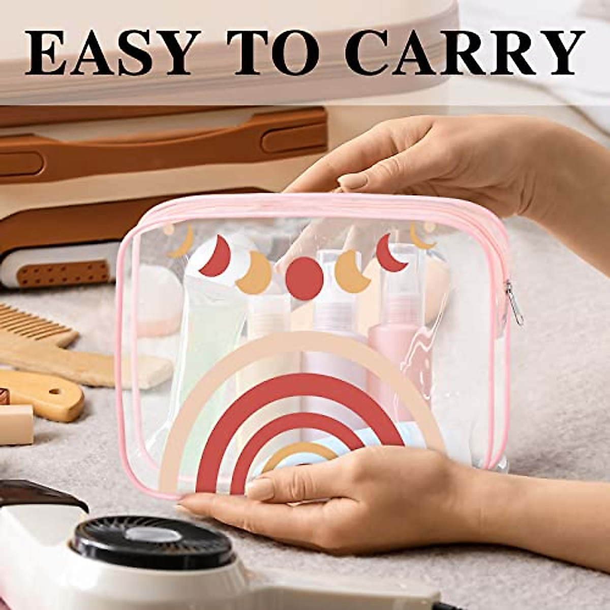 Cunno 6 Pcs Boho Makeup Bags for Women, Retro Rainbow Brown Sunshine Clear Plastic Cosmetic Bags with Zipper Transparent PVC Waterproof Travel Toiletry Handbags Purses Organizer for Girl (Boho Style)