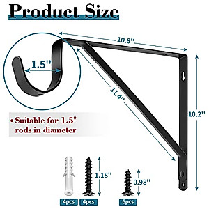 Closet Rod Bracket, Shelf Bracket for DIY Floating Shelf, Heavy Duty L Corner Brace with Rod Hook, Wall Mounted Black Metal Utensil Holder Pot Hangers for Kitchen, Bathroom