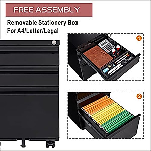 GREATMEET Filling Cabinet with 3 Drawers, Office Mobile Filing Cabinet with Wheels and Lock for Legal/Letter Size,Small File Cabinet for Under Deskt,Fully Assembled (Black)