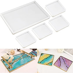 RESINWORLD Resin Tray Mold, 1Pc Thick Rectangle Tray Mold with 4 Pack Square Coaster Molds, Shiny Flat Edge Coaster Tray Silicone Mold for Resin Casting