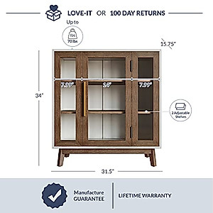 BELLEZE Sideboard Buffet Cabinet, Modern Curio Cabinet 3-Tiers Console Table for Kitchen Glass Display Cabinet Storage/Pantry Cabinet Coffee Bar for Living Room Bedroom Entryway, Brown