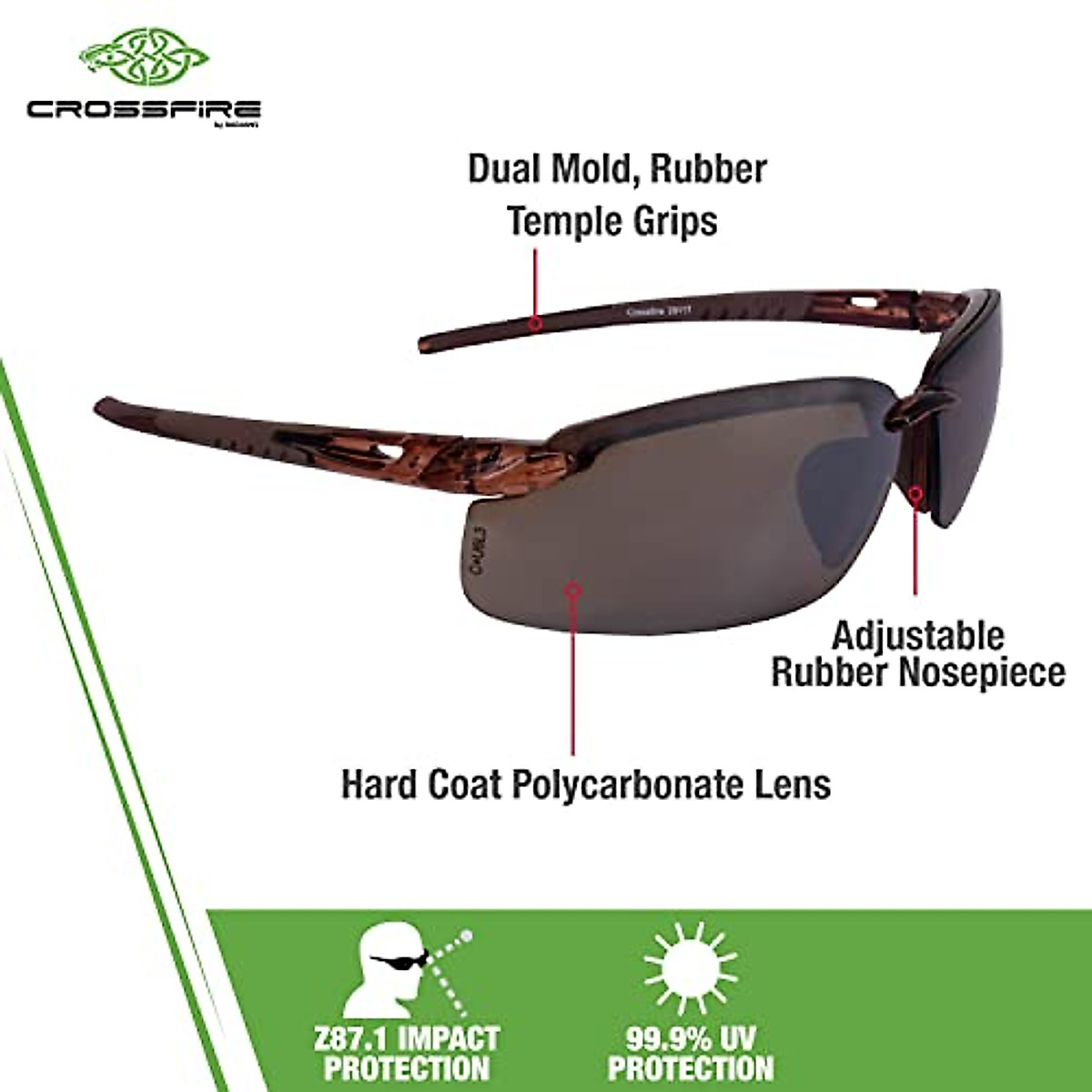 CROSSFIRE29117 Crossfire Brown Safety Glasses, Scratch-Resistant, Frameless