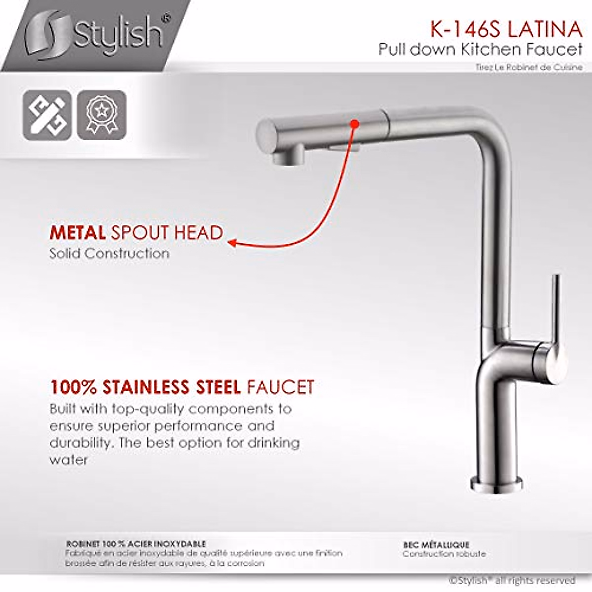 STYLISH Modern Kitchen Sink Faucet Single Handle Pull Down Dual Mode 100% Solid Stainless Steel Brushed Stainless Steel Finish, K-146S