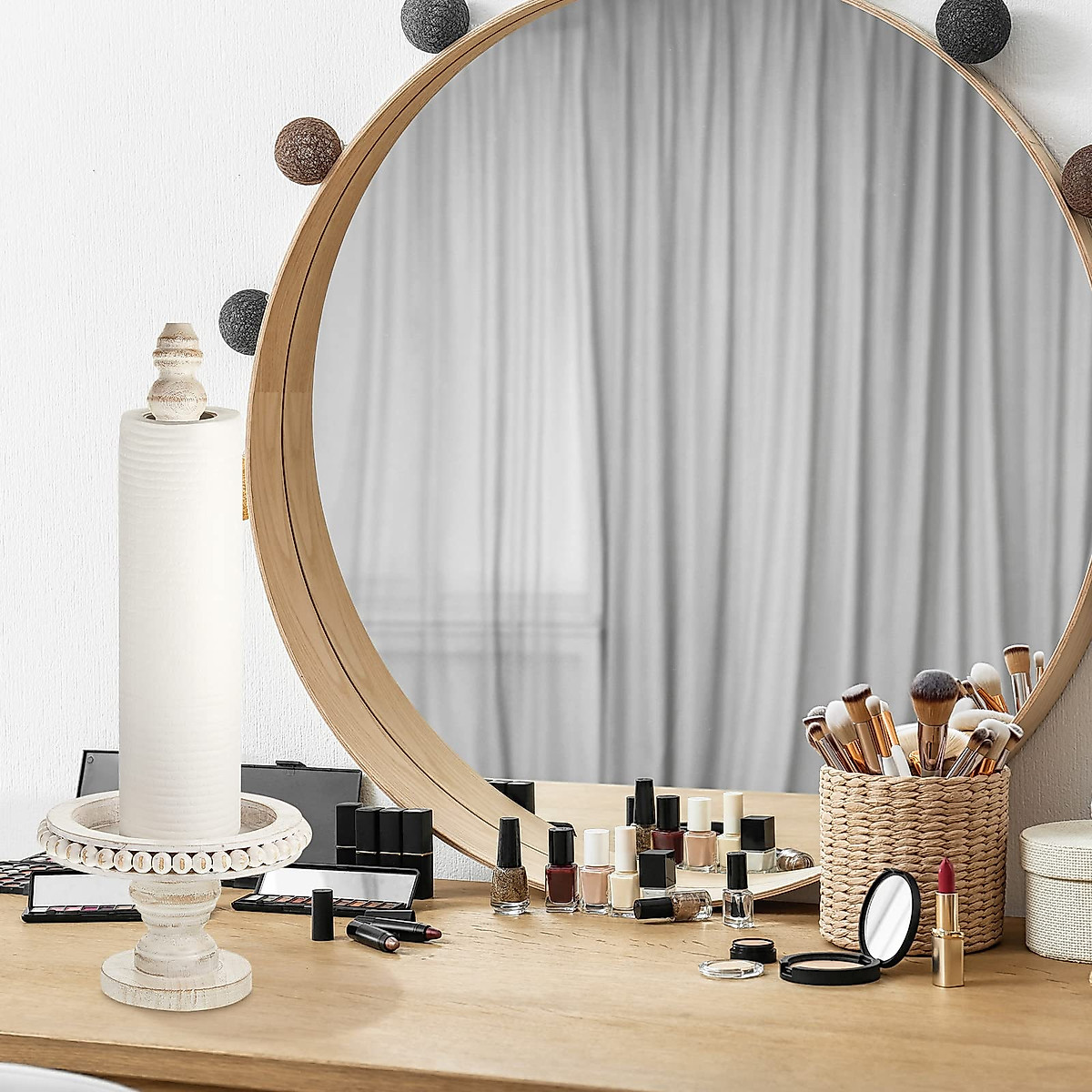 Farmhouse Paper Towel Holder Kitchen Countertop Wood Paper Towel Stand, Standing Paper Towel Dispenser Rack, White Washed Beaded Roll Paper Towel Stand and Non Woven Paper Towel for Kitchen Toilet