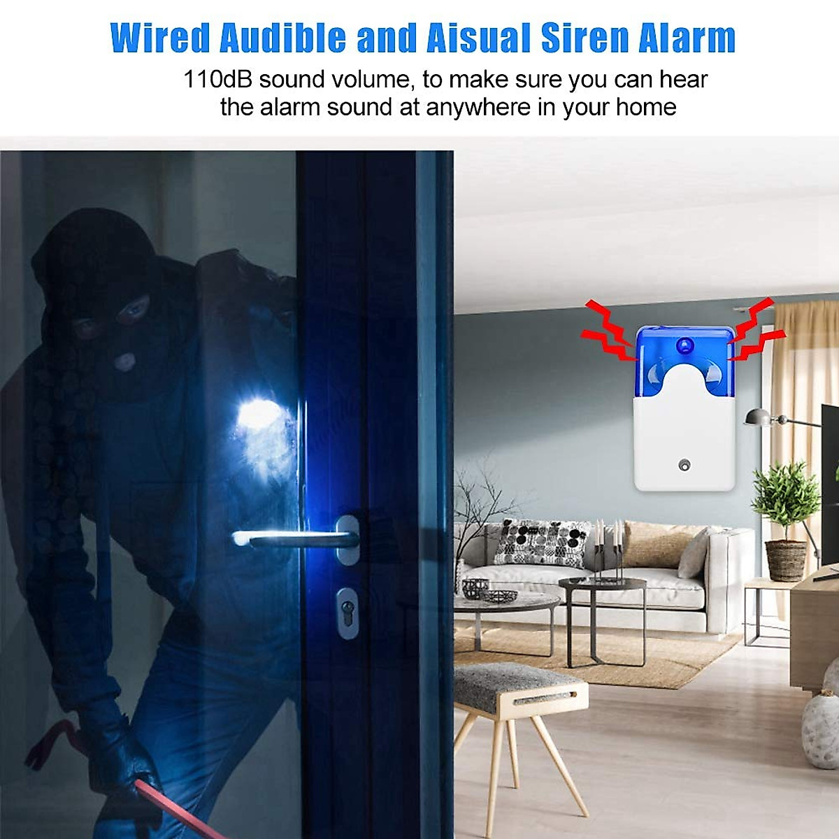 PUSOKEI 12V Wired Strobe Siren, 110dB Wired Indoor Audible and Aisual Siren Sound Alarm for Home Security Alarm System, Blue